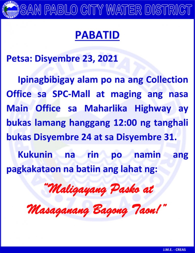 SPCWD SUSPENSION OF AFTERNOON WORK ON DECEMBER 24 AND 31, 2021